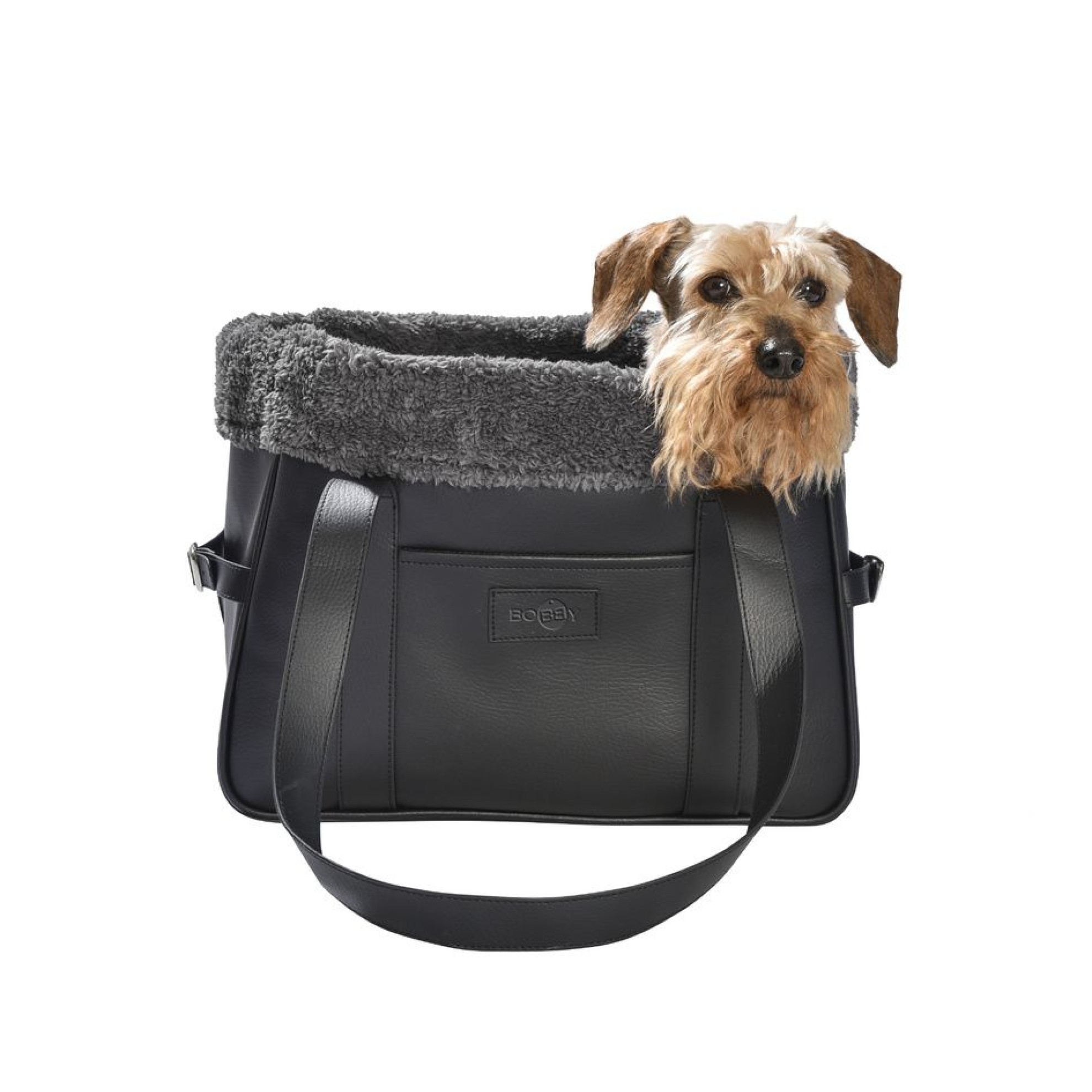 Edle schwarze Hundetasche mit grauem Kuschel-Kunstfell